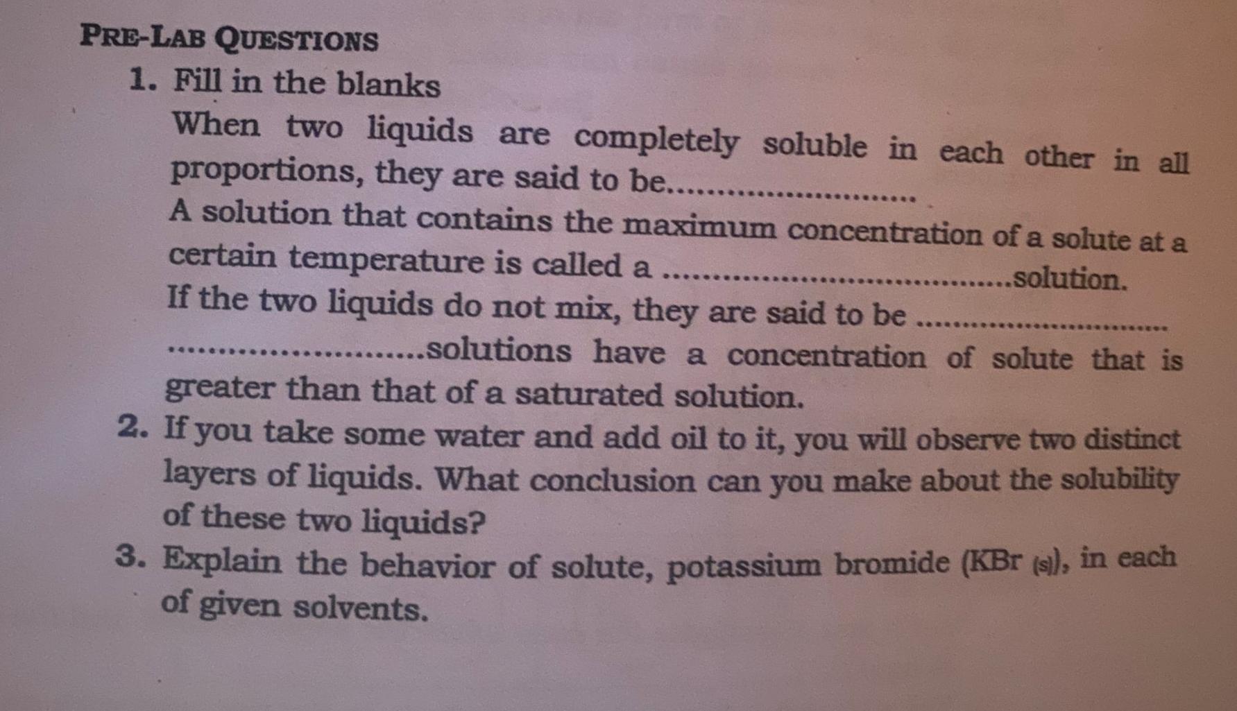 Solved Pre-Lab QuestionsFill in the blanksWhen two liquids | Chegg.com