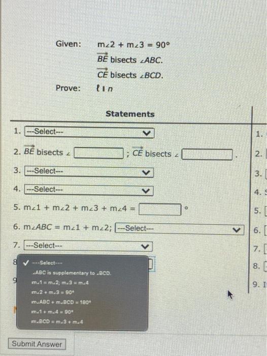 Solved Complete the proof. B A ! E c о Given: m2 + m 3 = 90° | Chegg.com