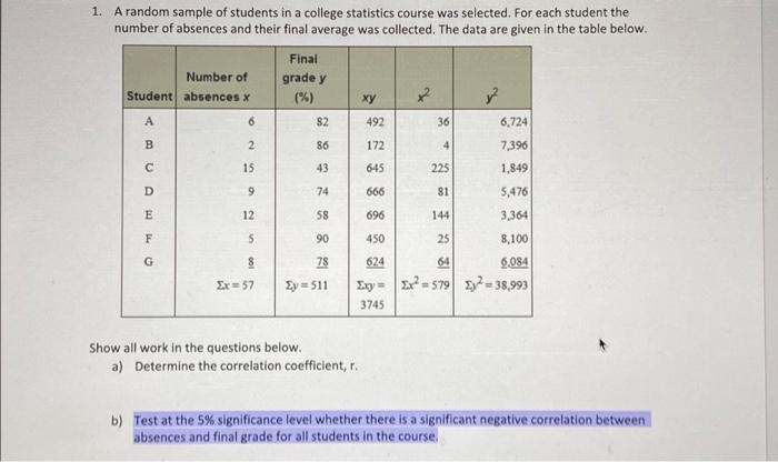 Solved 1. A random sample of students in a college | Chegg.com