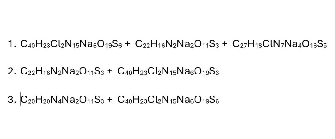 Solved 1. C40H23Cl2 N15Na6O19 S6+C22H16 N2Na2O11 | Chegg.com