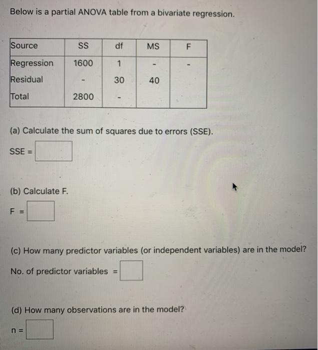 Solved Below is a partial ANOVA table from a bivariate | Chegg.com