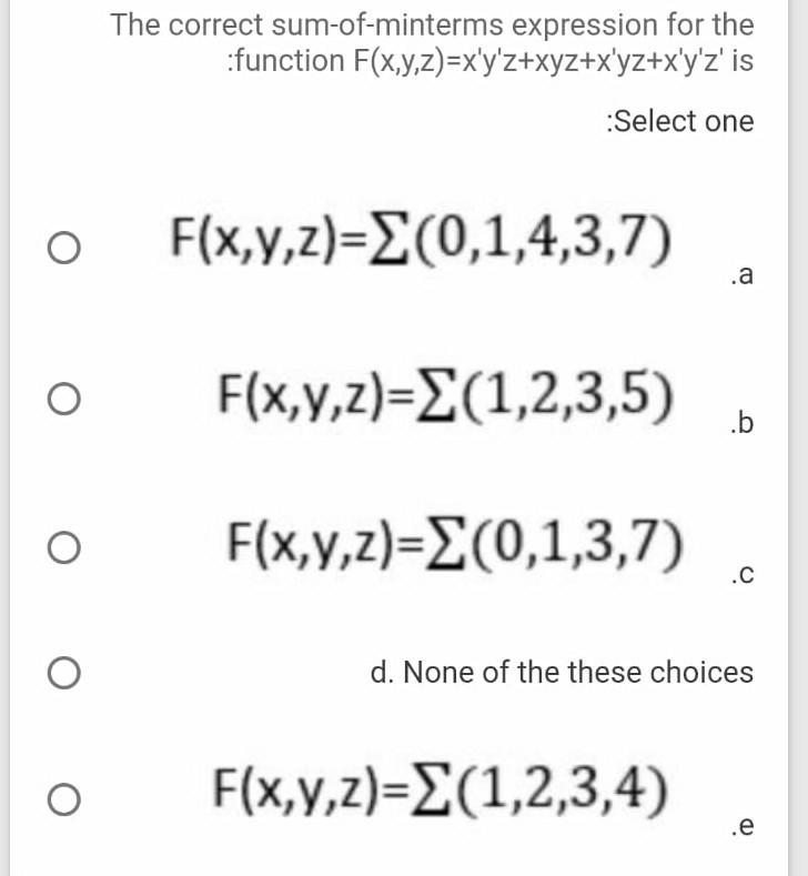 Solved The Correct Sum Of Minterms Expression For The