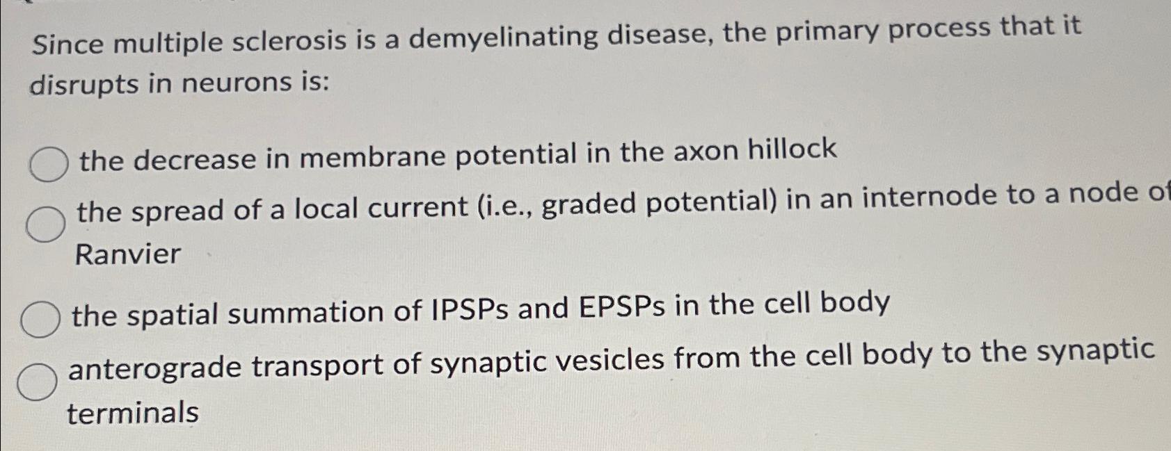 Solved Since multiple sclerosis is a demyelinating disease, | Chegg.com
