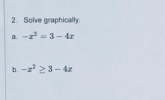 Solved 2. Solve graphically. a. −x2=3−4x b. −x2≥3−4x | Chegg.com