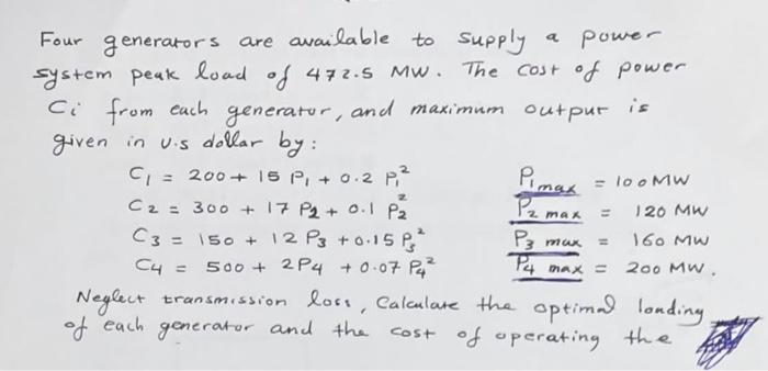 Solved Four a power generators are available to supply | Chegg.com