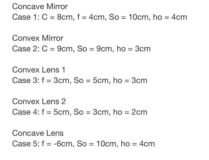 Solved Concave Mirror Case 1: C=8 cm,f=4 cm, So =10 cm, ho | Chegg.com