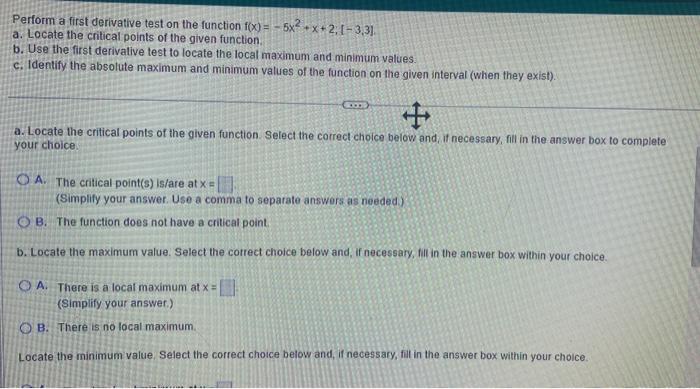 Solved Perform a first derivative test on the function | Chegg.com