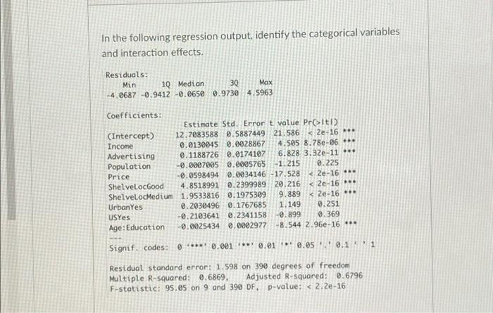 Solved In the following regression output, identify the | Chegg.com