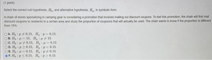 Solved Select the correct null hypothesis, H0 and | Chegg.com