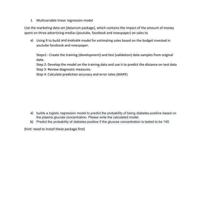 Solved 1. Multivariable linear regression model Use the | Chegg.com