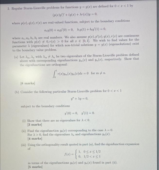 2. Regular Sturm-Liouville problems for functions | Chegg.com