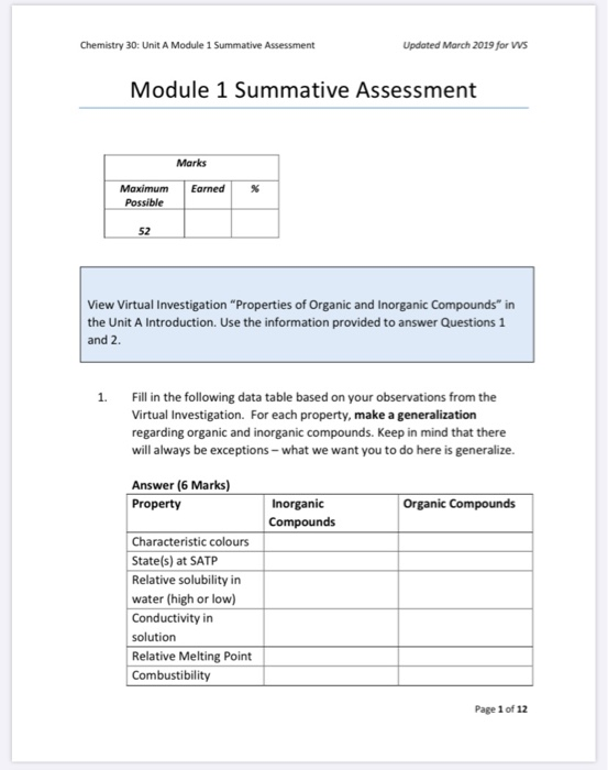 Solved Chemistry 30: Unit A Module 1 Summative Assessment | Chegg.com