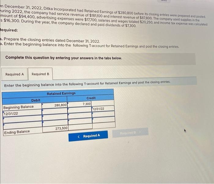 Solved December 31, 2022, Ditka Incorporated had Retained | Chegg.com Solved December 31, 2022, Ditka Incorporated had Retained | Chegg.com