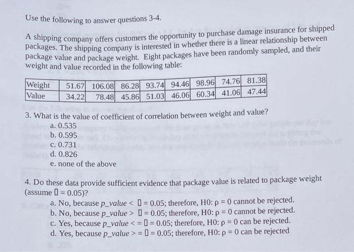 Solved Weight Value Use the following to answer questions | Chegg.com