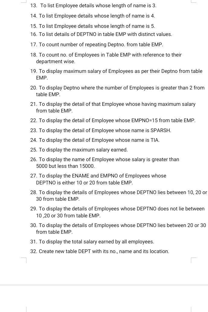 Solved SOL QUERIES ASSIGNMENT 1. To create table EMP. 2. To | Chegg.com