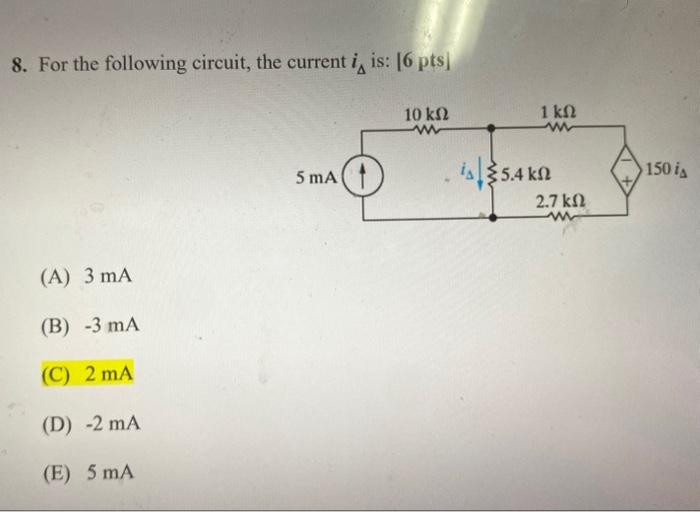Solved 8. For the following circuit, the current iΔ is: | Chegg.com