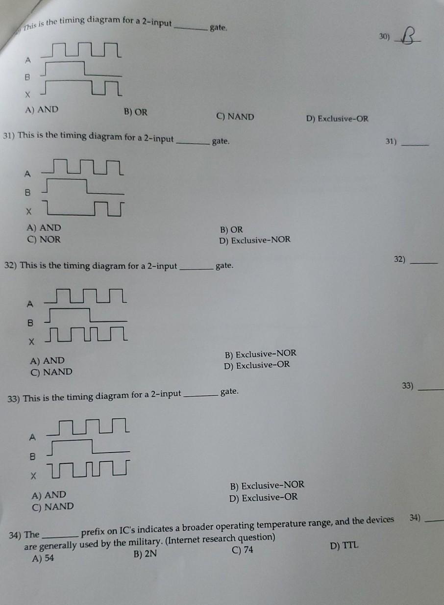 Solved This is the timing diagram for a 2-input gate. 30) A | Chegg.com