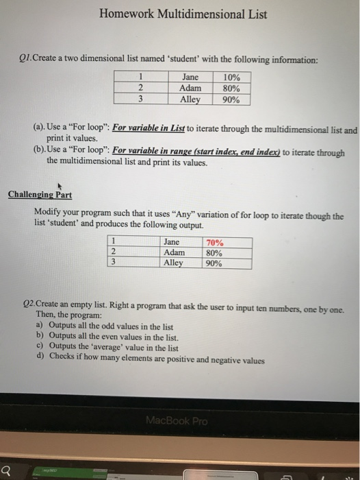 Solved Homework Multidimensional List Q1. Create a two | Chegg.com