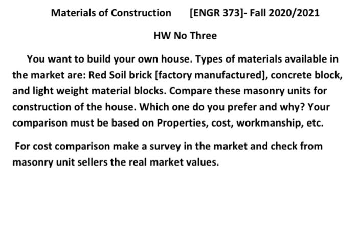 Solved Materials of Construction [ENGR 373]- Fall 2020/2021 | Chegg.com