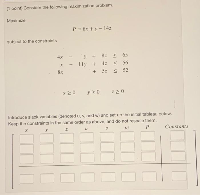 Solved (1 point) Consider the following maximization | Chegg.com