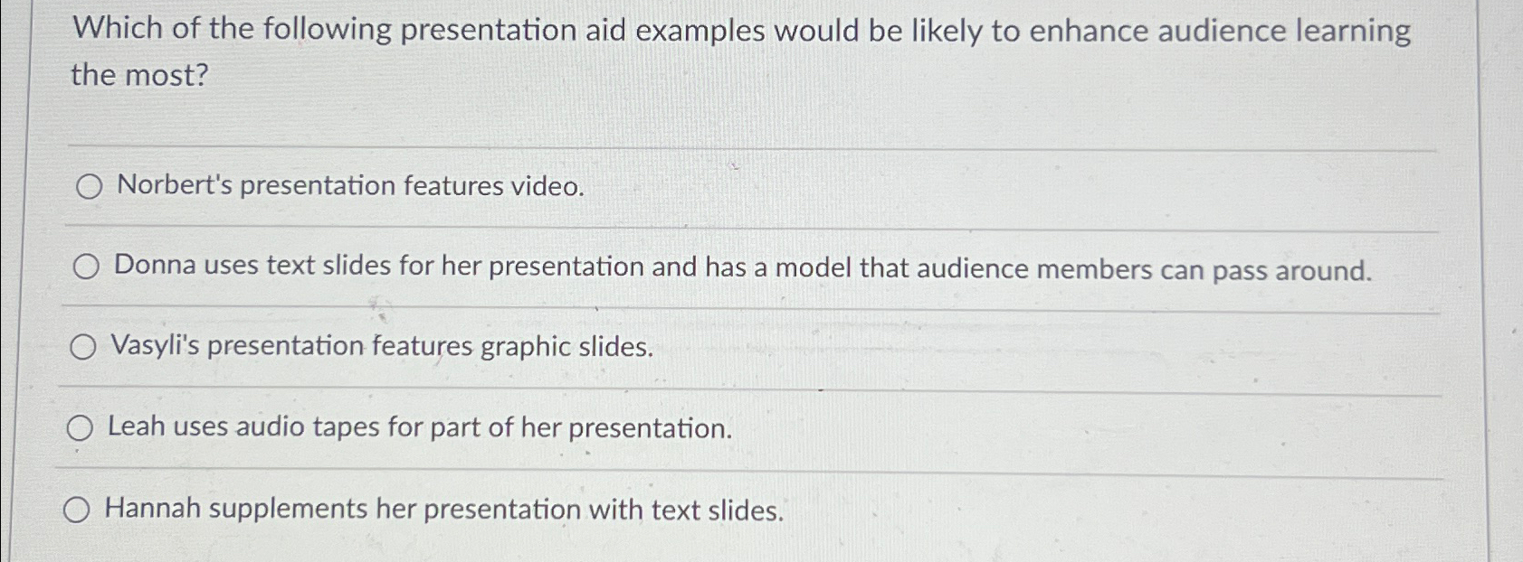 Solved Which of the following presentation aid examples | Chegg.com