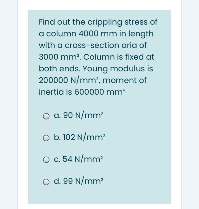 Solved Find out the crippling stress of a column 4000 mm in | Chegg.com