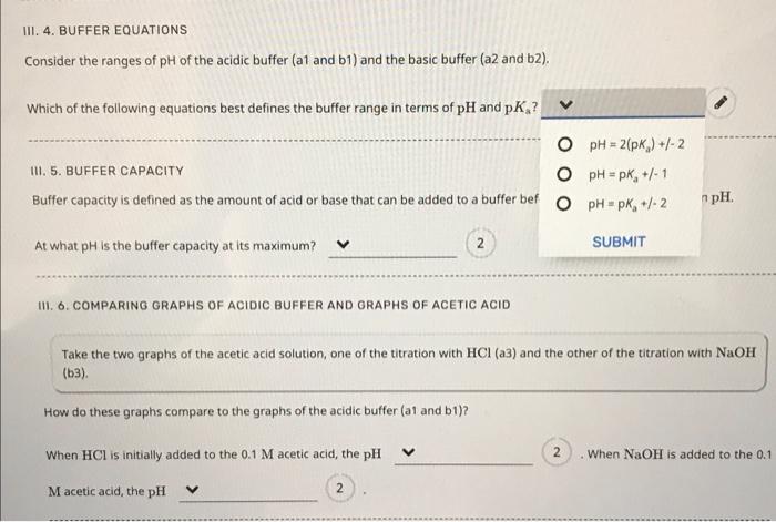 Solved III. 4. BUFFER EQUATIONS Consider the ranges of pH of | Chegg.com