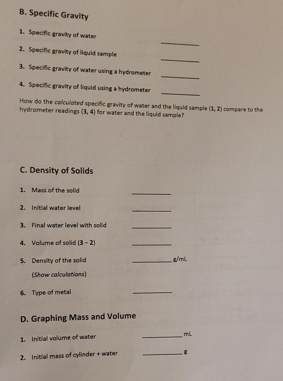 EXPERIMENTAL PROCEDURES B. Specific Gravity | Chegg.com