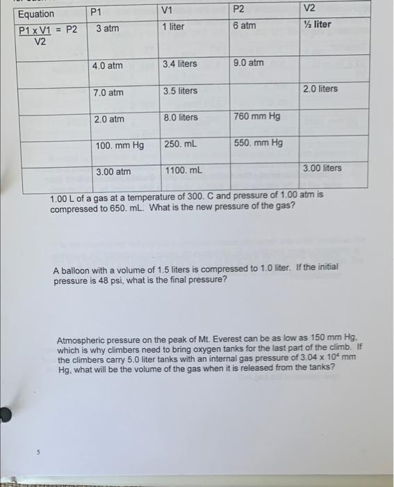Solved Using Boyle's Law, Pressure(P) x Volume(V)= Constant, | Chegg.com