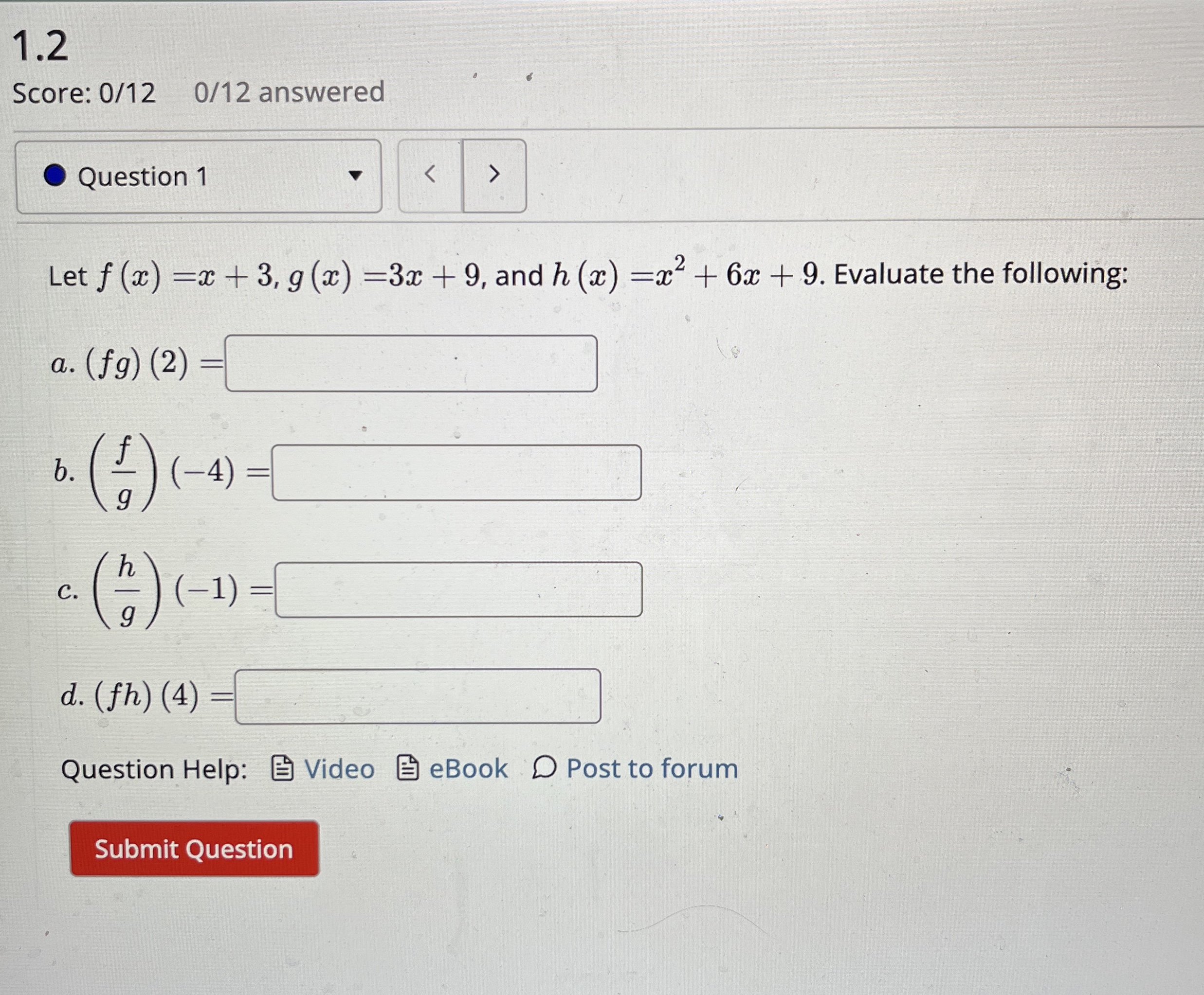 Solved 1.2Score: 012012 ﻿answeredLet f(x)=x+3,g(x)=3x+9, | Chegg.com