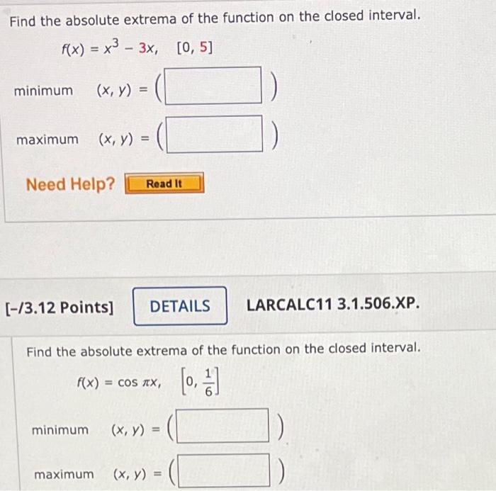 Solved Find the absolute extrema of the function on the | Chegg.com