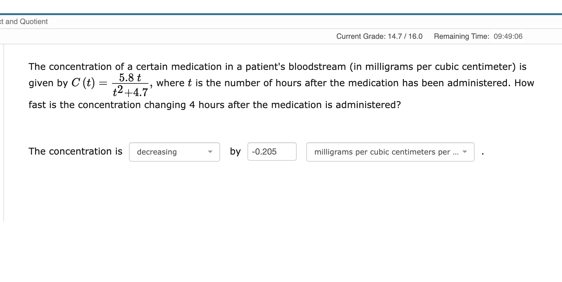 Solved The concentration of a certain medication in a | Chegg.com
