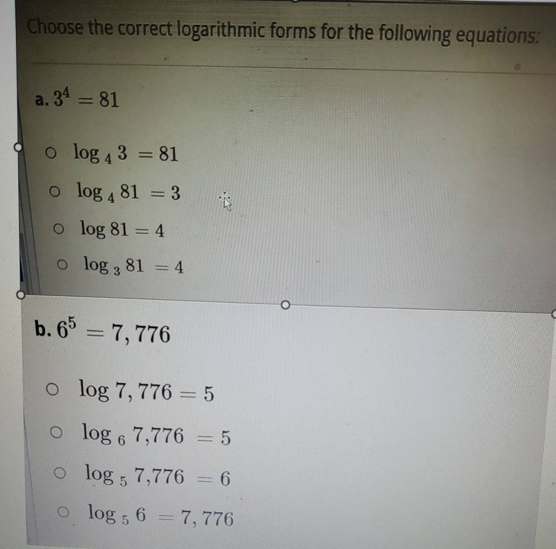 Solved Choose the correct logarithmic forms for the | Chegg.com