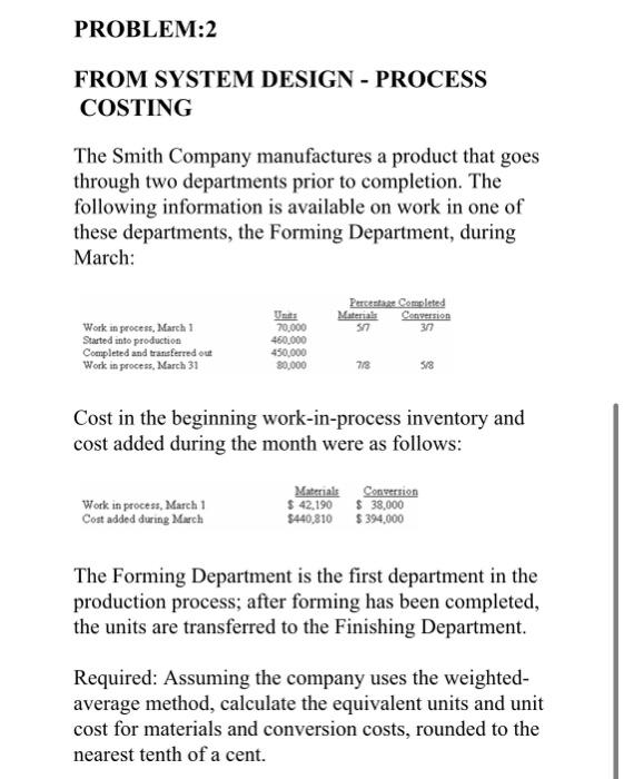 Solved PROBLEM:2 FROM SYSTEM DESIGN - PROCESS COSTING The | Chegg.com
