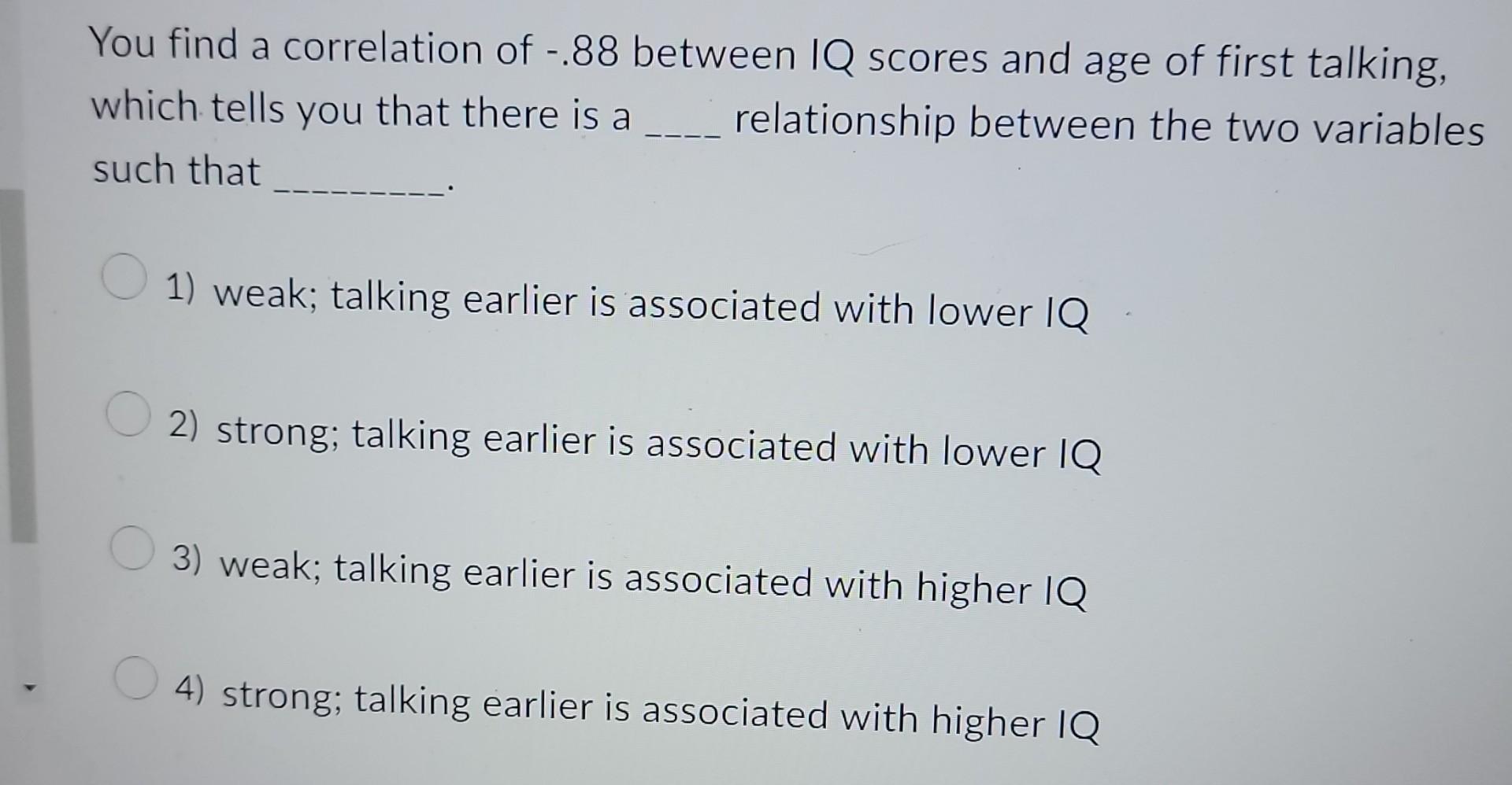 Solved You find a correlation of −.88 between IQ scores and | Chegg.com