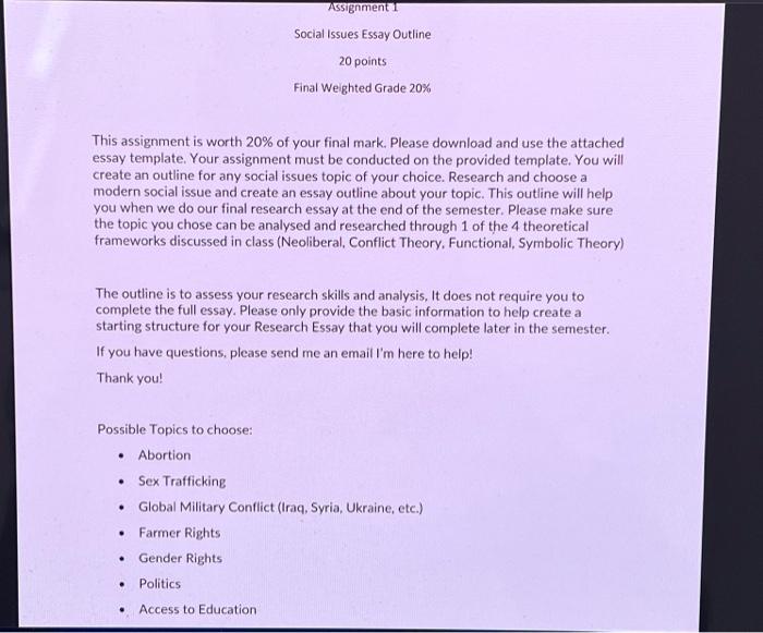 Social Issues Essay Outline 20 points Final Weighted | Chegg.com