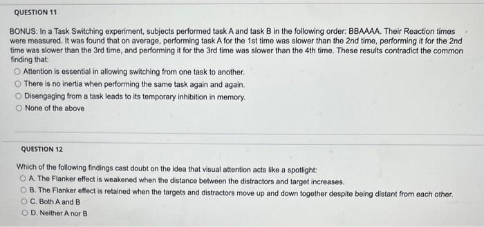 Solved BONUS: In a Task Switching experiment, subjects | Chegg.com