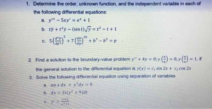 Solved 1. Determine the order, unknown function, and the | Chegg.com