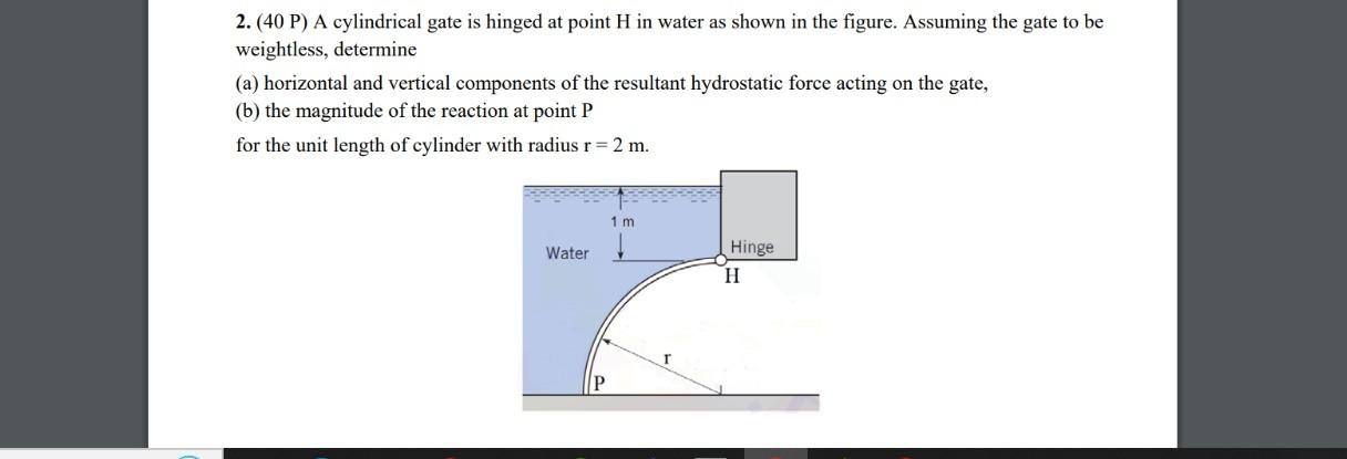 Solved 2. (40 P) A cylindrical gate is hinged at point H in | Chegg.com
