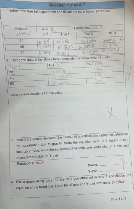 Solved 1. Perform the free fall experiment and fill out the | Chegg.com