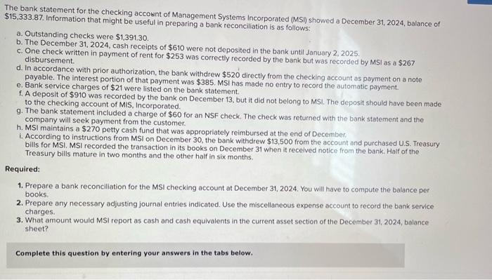 Solved The bank statement for the checking account of | Chegg.com