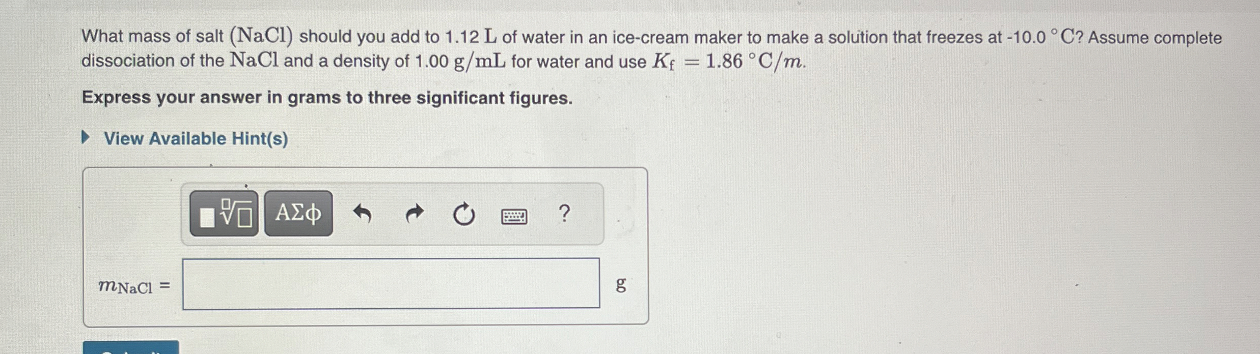 Solved What mass of salt (NaCl) ﻿should you add to 1.12 ﻿L | Chegg.com