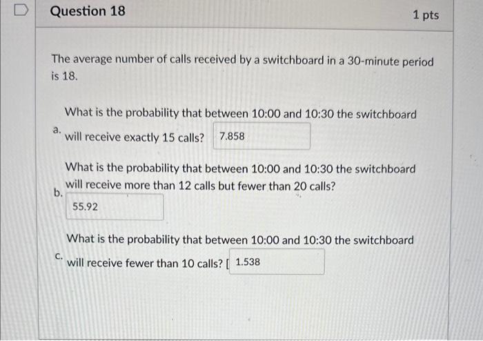 Solved The average number of calls received by a switchboard | Chegg.com