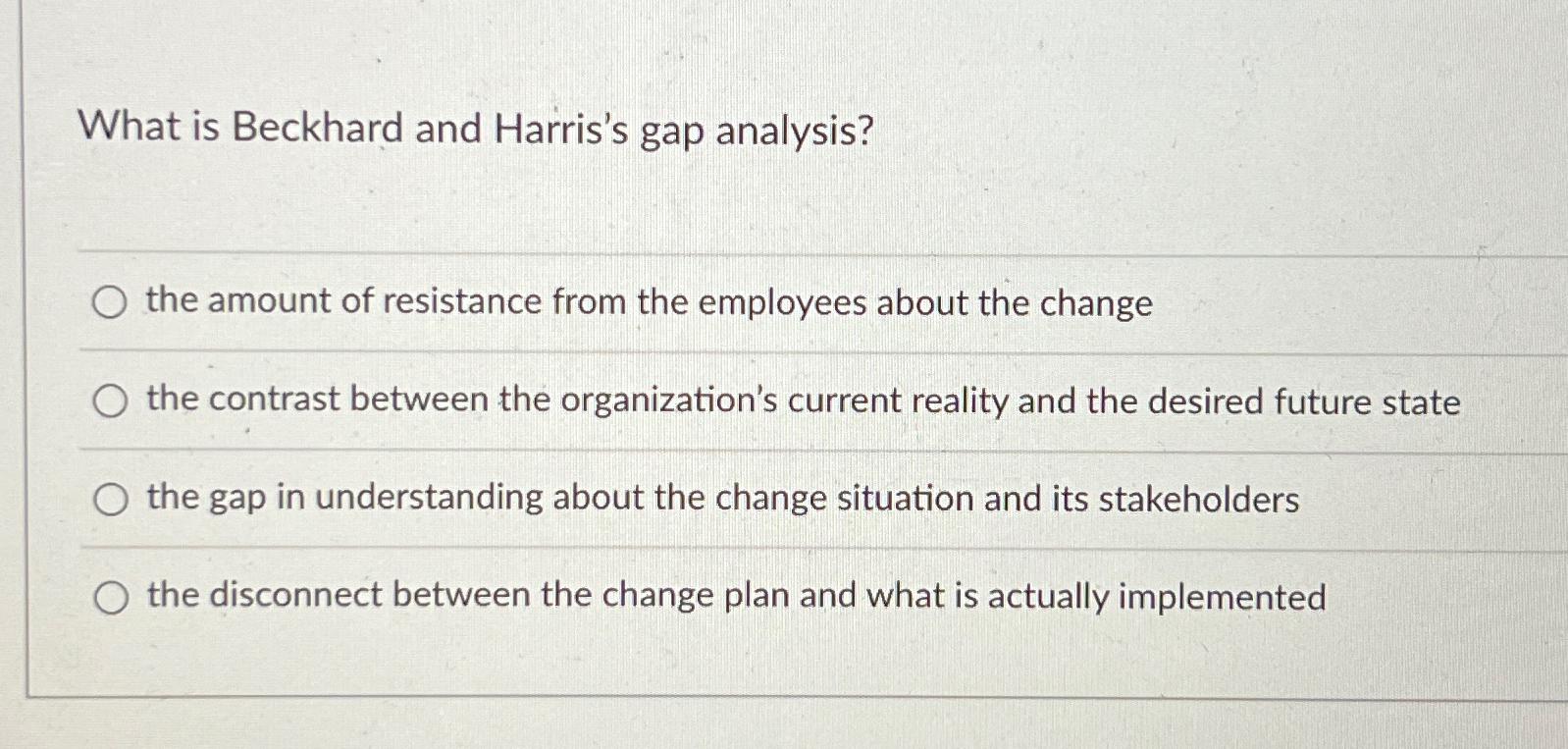 Solved What is Beckhard and Harris's gap analysis?the amount | Chegg.com