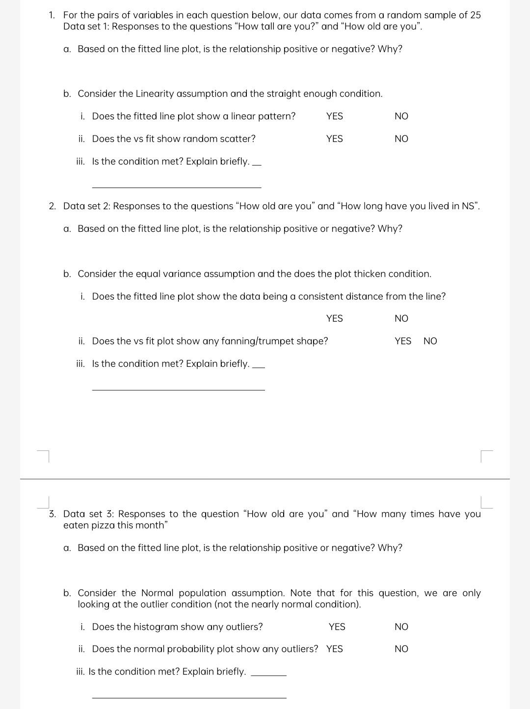 Solved 1. For the pairs of variables in each question below, | Chegg.com