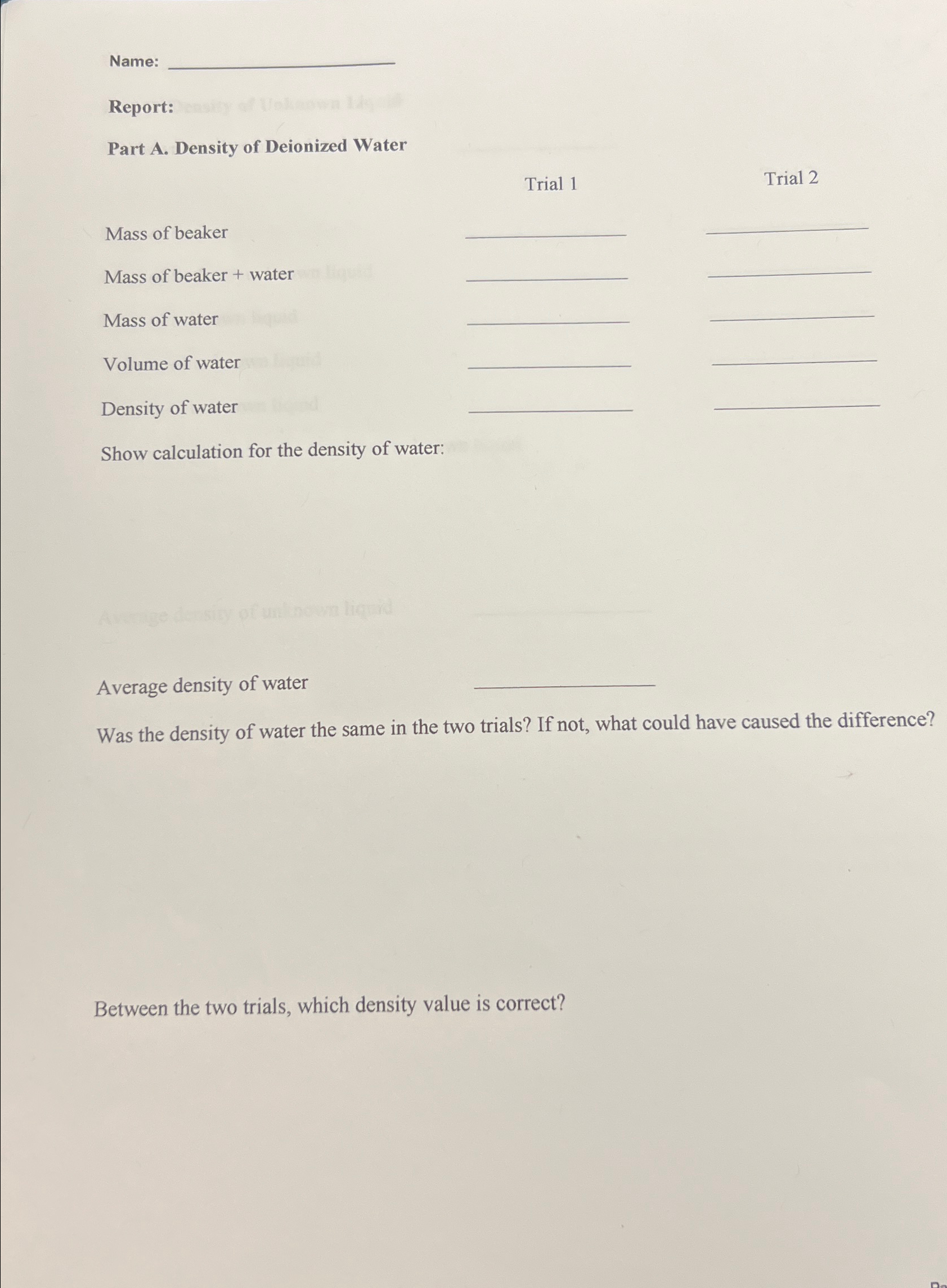 Solved Name:Report:Part A. ﻿Density of Deionized WaterTrial | Chegg.com
