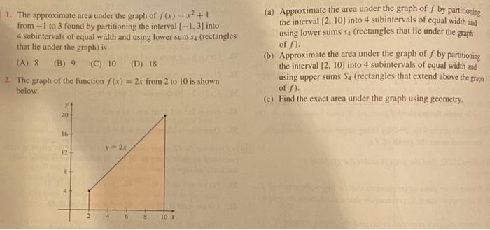 Solved 1. The approximate area under the graph of f(x) = x2 | Chegg.com