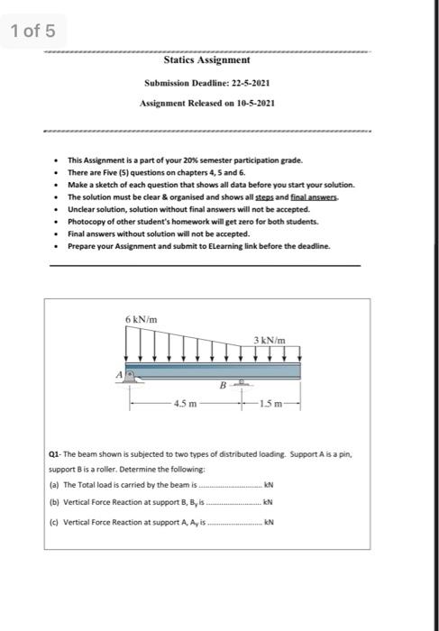 Solved 1 of 5 Statics Assignment Submission Deadline: | Chegg.com
