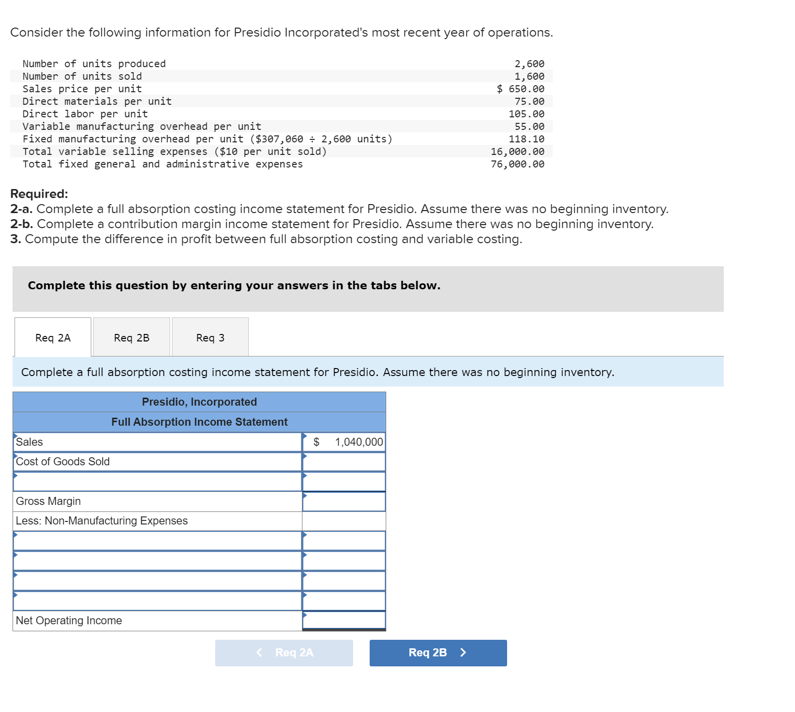 Solved 2-a. ﻿Complete a full absorption costing income | Chegg.com