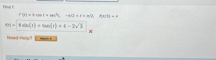 Solved Find f. f′(t)=8cost+sec2t,−π/2 | Chegg.com